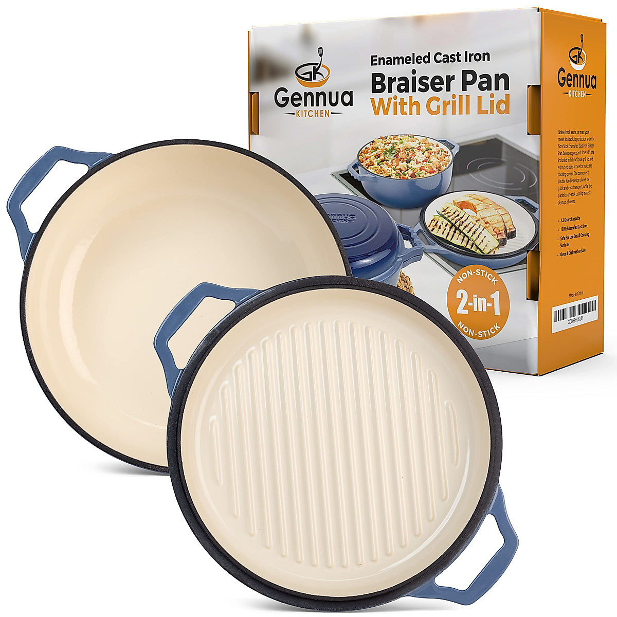 Gennua 3.3-Quart Enameled Cast Iron Braiser with Grill Lid - Small Dutch Oven and Stovetop Grill Pan