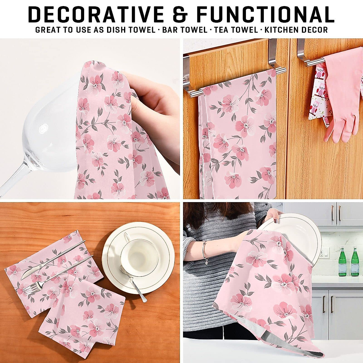 MNSRUU Kitchen Towels Dishcloths Sets 4Pcs with Hanging Loop, Floral Cherry Blossoms and Branches Pink Absorbent Kitchen Décor Cleaning Hand Towel Tea Towels for Farmhouse Kitchen Dishes Tea Home