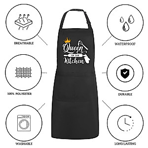 Jpayxese Funny Cooking Aprons for Women with Pockets, Black Queen of the Kitchen Apron Cute Gifts for Wife Grandma Mom Girlfriend (queen of One Size