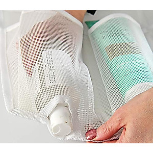 Home-X Hanging Mesh Shower Organizer, Bathroom Shower Organizer for Essentials, Shower Storage Pockets for Shampoo, Conditioner, Soap, and More, 17 ¼" L x 15 ¾" W, White