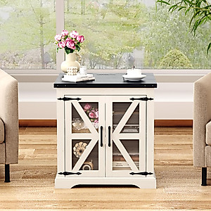 Farmhouse End Table with Charging Station, 24" Large Sofa Side Table with Glass Barn Door, White Nightstand with Adjustable Storage Shelf, Rustic Wood Bedside Table for Living Room, Bedroom