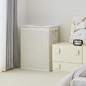 Laundry Hamper with Lid, 55.5 Gallon (210L), Large Handwoven Rattan Laundry Basket, 3 Section Clothes Hamper with Handles, 2 Removable Liner and Side Pocket, White