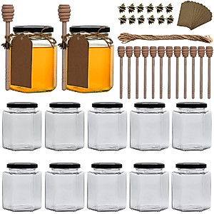 Woaiwo-q Clear Hexagon Glass Jars, 12 oz 12 Pack Hexagon Glass Honey Jars with Black Lids,Wooden Honey Sticks,Bronzy Bee Pendants,Big Tags,15m Jute Twine, Glass Jars for Honey,Liquid and More