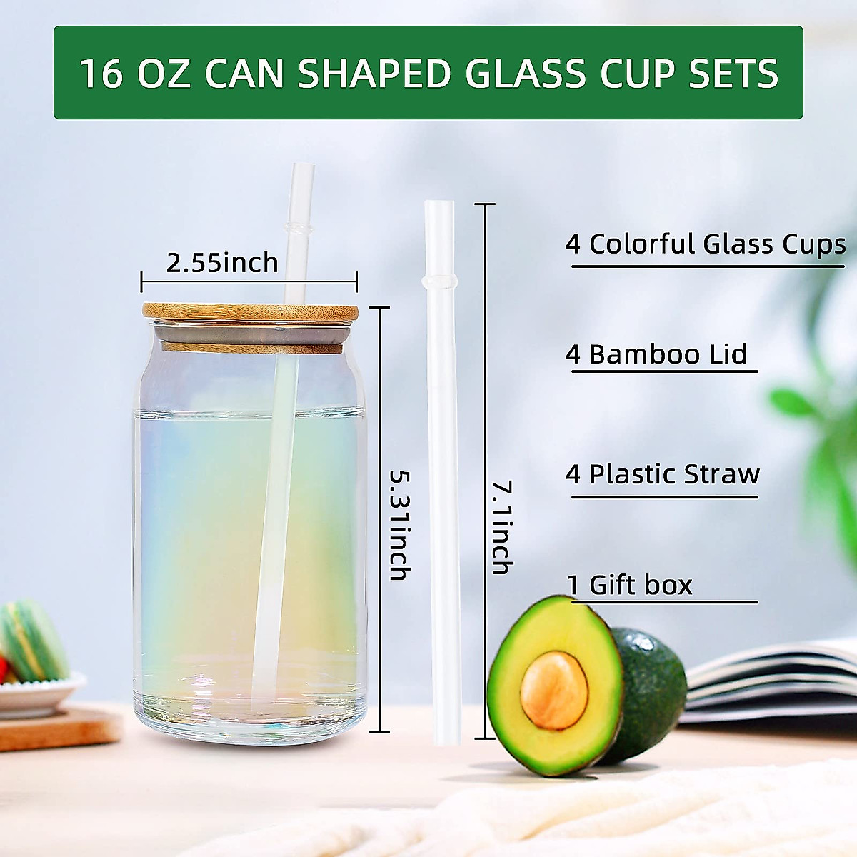 4 Pack Glass Cups with Bamboo Lids and Straws, 16 oz Iced Coffee Cup, Iridescent Drinking Glasses, Beer Glasses, Cute Tumbler Cup, Glass Cups for Valentines Day Gift Cocktail, Party Favors, Juice