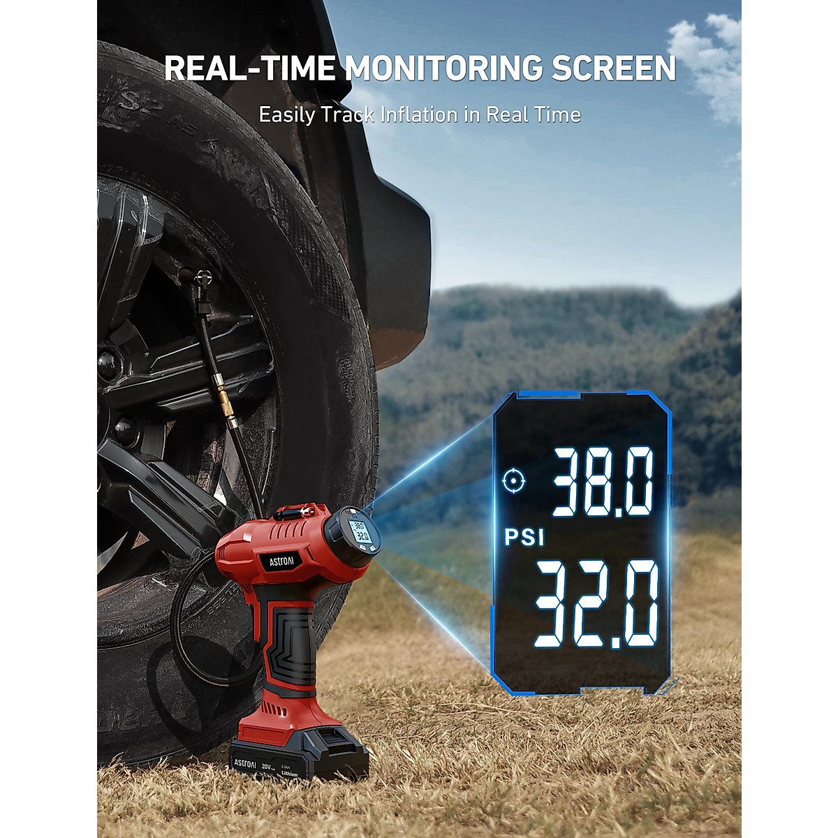 AstroAI Cordless Tire Inflator Air Compressor 20V Rechargeable Battery Powered 160PSI Portable Air Pump with 12V Car Power Adapter Digital Pressure Gauge for Cars Motorcycles JY16P160-18（C2）Red