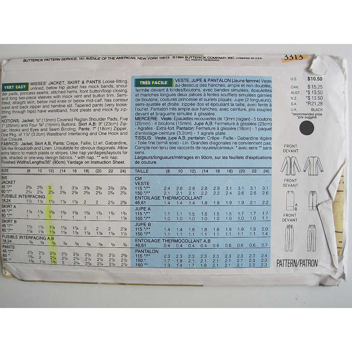 Butterick Pattern 3313 Misses' Jacket, Skirt, Pants Sizes 8-10-12