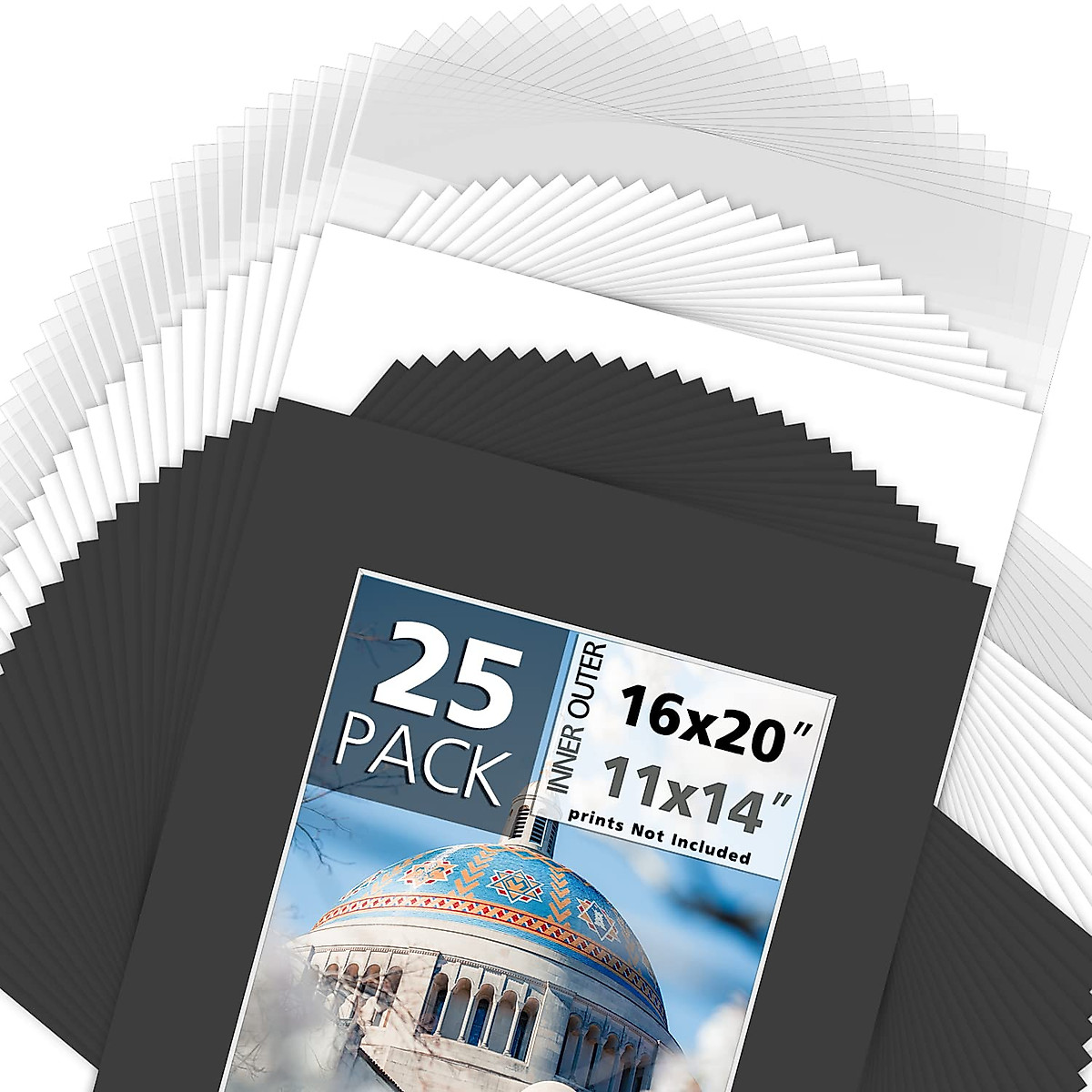 Mat Board Center, 25 Pack of Black Pre-Cut Mat Board 16x20 Picture Mat for 11x14 Photo with White Core Bevel Cut Mattes Sets. Includes 25 Acid Free Mats & 25 Backing Board & 25 Clear Bags