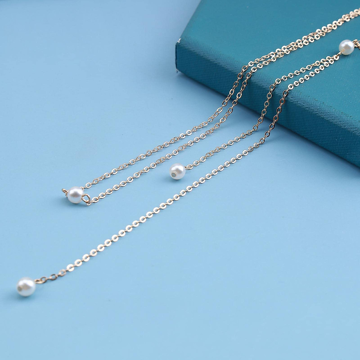 Yheakne Boho Pearl Back Chain Necklace Gold Layered Backdrop Necklace Body Chain Pearl Bridal Back Drop Chain Summer Beach Body Jewelry for Women Gifts (Gold)