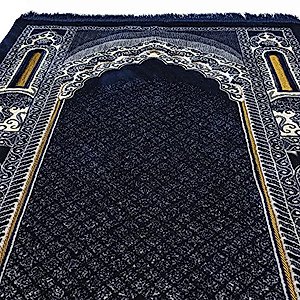 Modefa Islamic Prayer Rug - Double Plush Large & Wide Velvet Carpet - Traditional Muslim Janamaz Sajada - Thick Turkish Prayer Mat for Men & Women- Ramadan or Eid Gift - Floral Mihrab (Navy Blue)