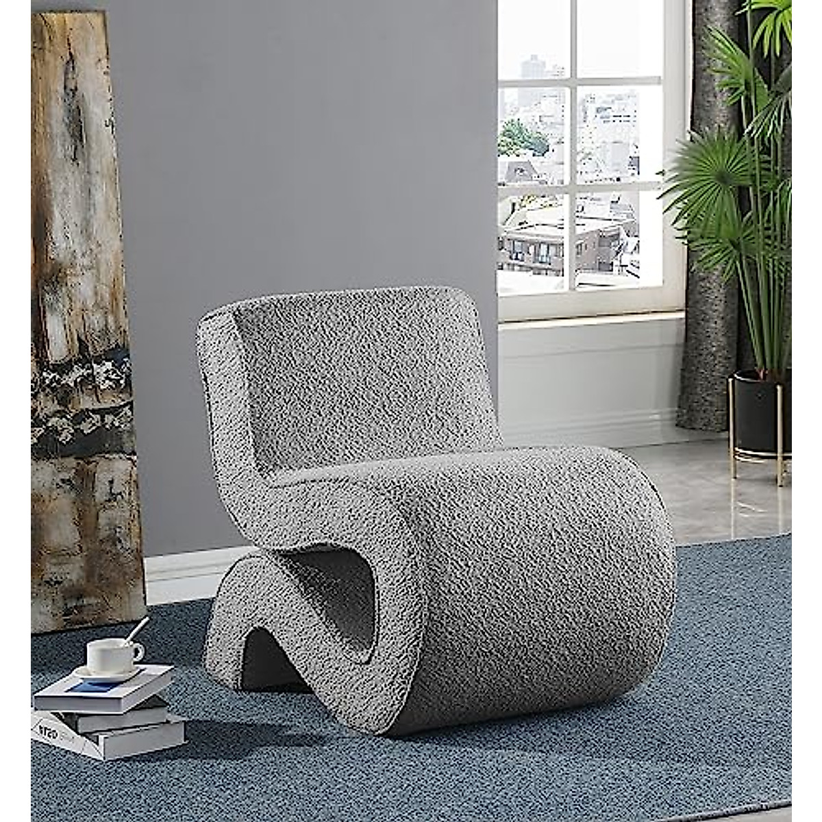 Meridian Furniture 599Grey Desiree Collection Modern | Contemporary Boucle Fabric Upholstered Accent Chair with Rich Grey Boucle Fabric, Curved Design, 22.5" W x 29" D x 28.5" H, Grey