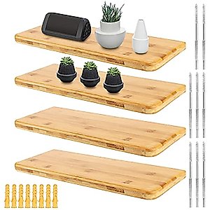 JOIKIT 4 PCS 16 Inch Bamboo Floating Shelves Wall Mounted, Bamboo Wall Shelf, Decorative Floating Shelf for Bedroom, Kitchen, Bathroom, Living Room