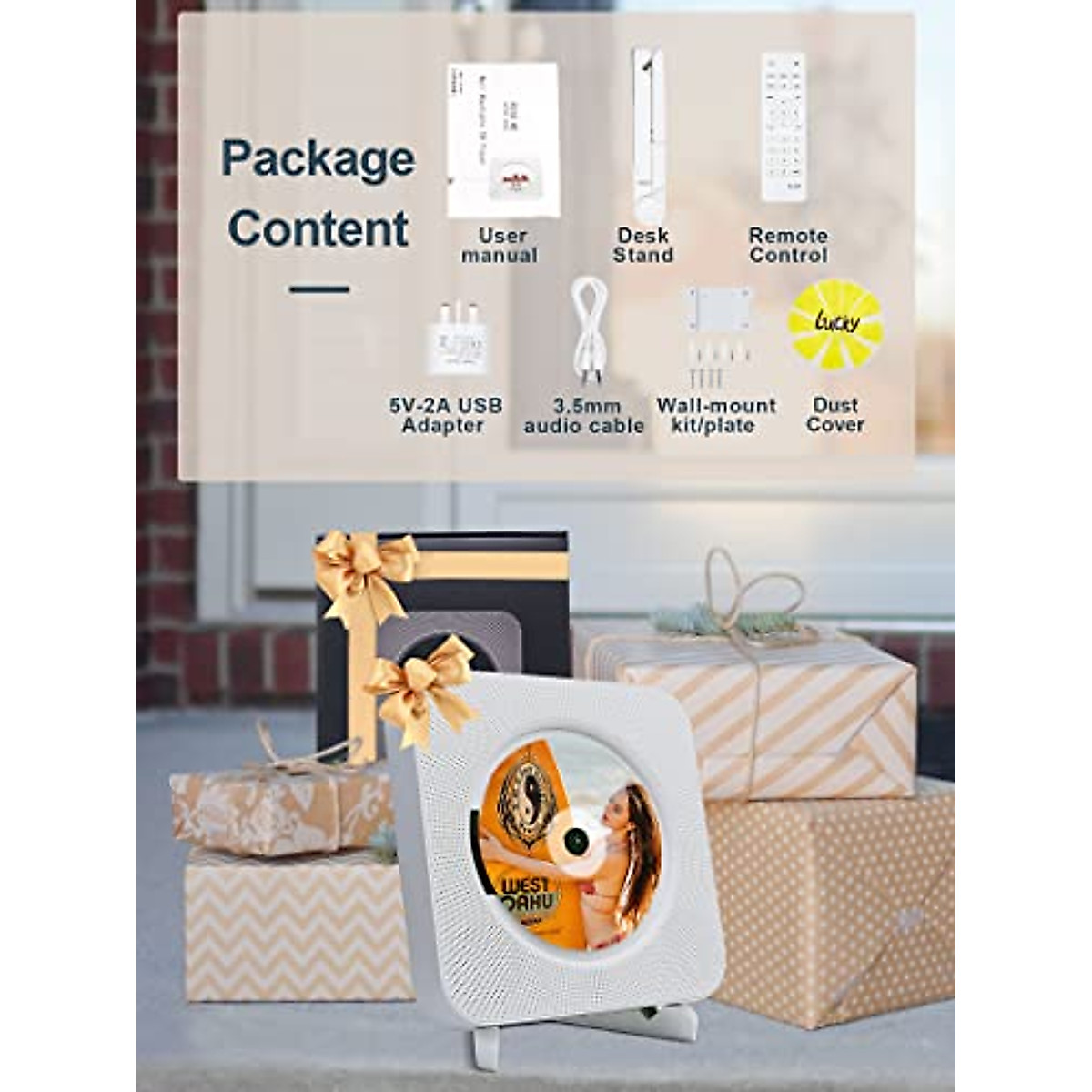 Wall Mountable CD Player - Homlab Bluetooth Desktop CD Player with Speakers, Dust Cover, FM Radio, Anti-Skip Protection, Portable Music Player Home Audio Boombox with LCD Display, Remote, Aux Input