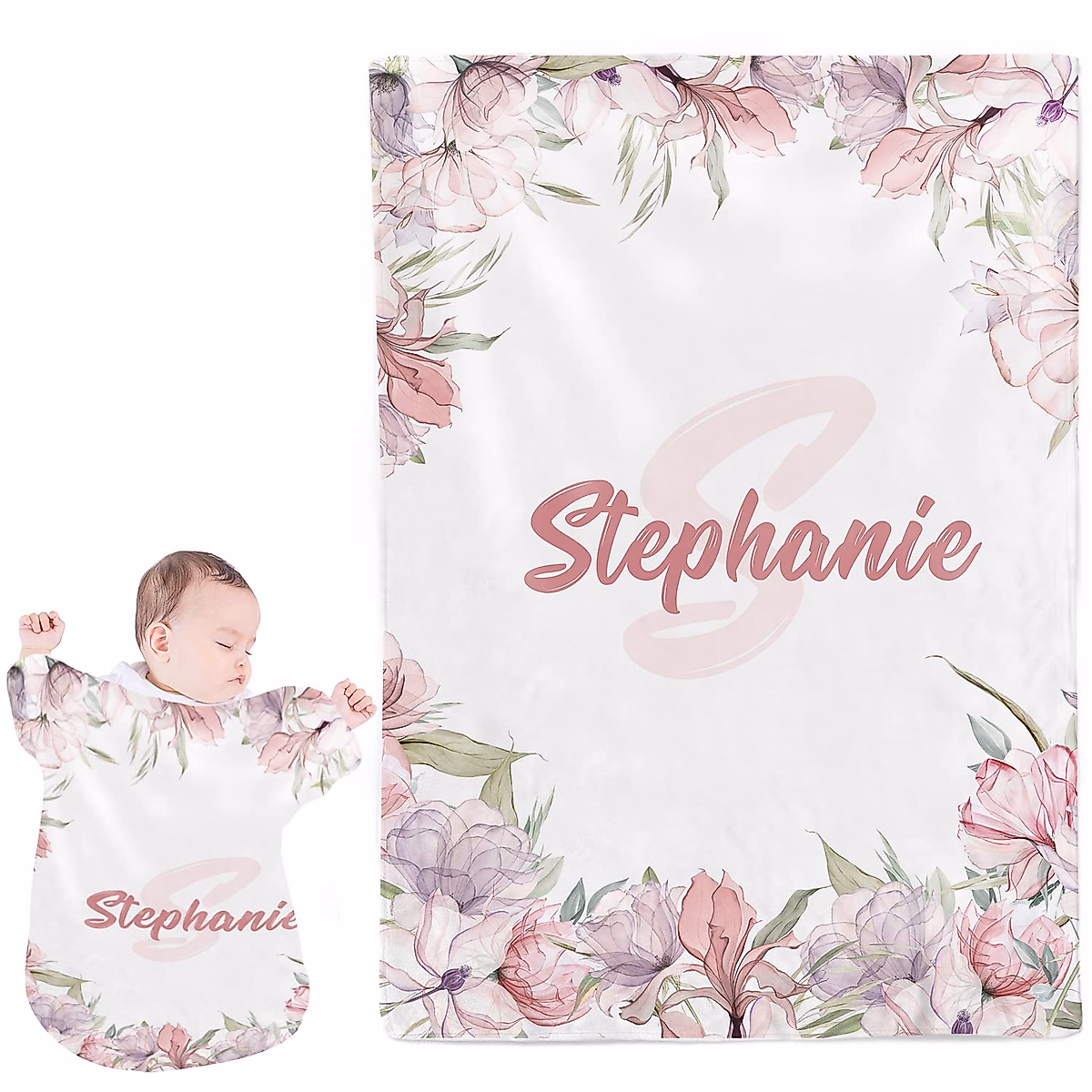 LESOON Customized Baby Blankets with Name - Personalized Boho Floral Blankets for Girls and Boys - Custom Toddler Blanket Baby Gifts for Newborns and Kids - Pink Floral Design