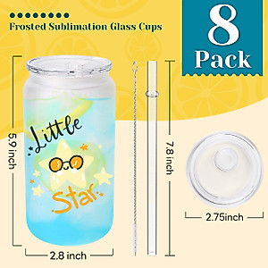 Joyclub 8 Pack Sublimation Cups 16 OZ Frosted Glass Cans Blanks with Clear Lids Mason Jars for Iced Coffee Beer Juice and Soda Drinks