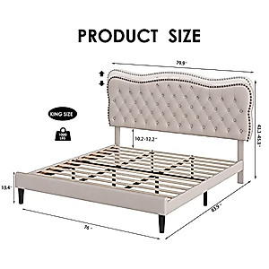 HOSTACK King Size Bed Frame, Linen Fabric Upholstered Platform Bed Frame with Adjustable Headboard, Diamond Tufted Mattress Foundation with Wood Slats, Easy Assembly, No Box Spring Needed, Beige