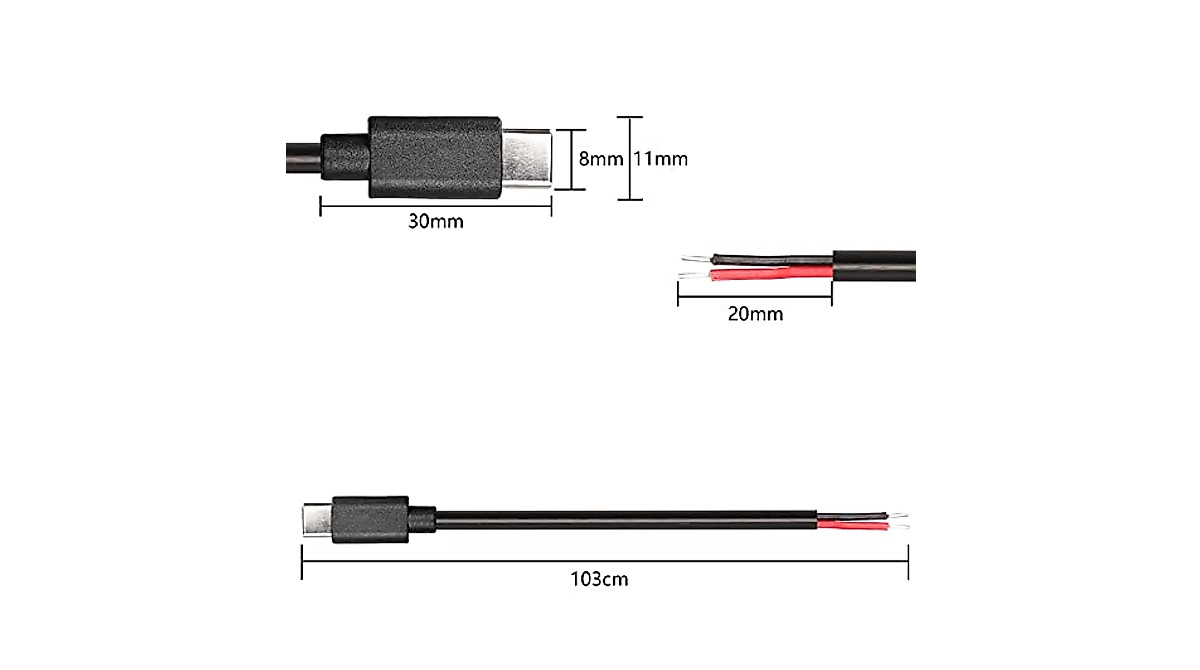 DIY USB-C Pigtail Cable 5V 3A Power Cord - 2 Pin Bare Wire