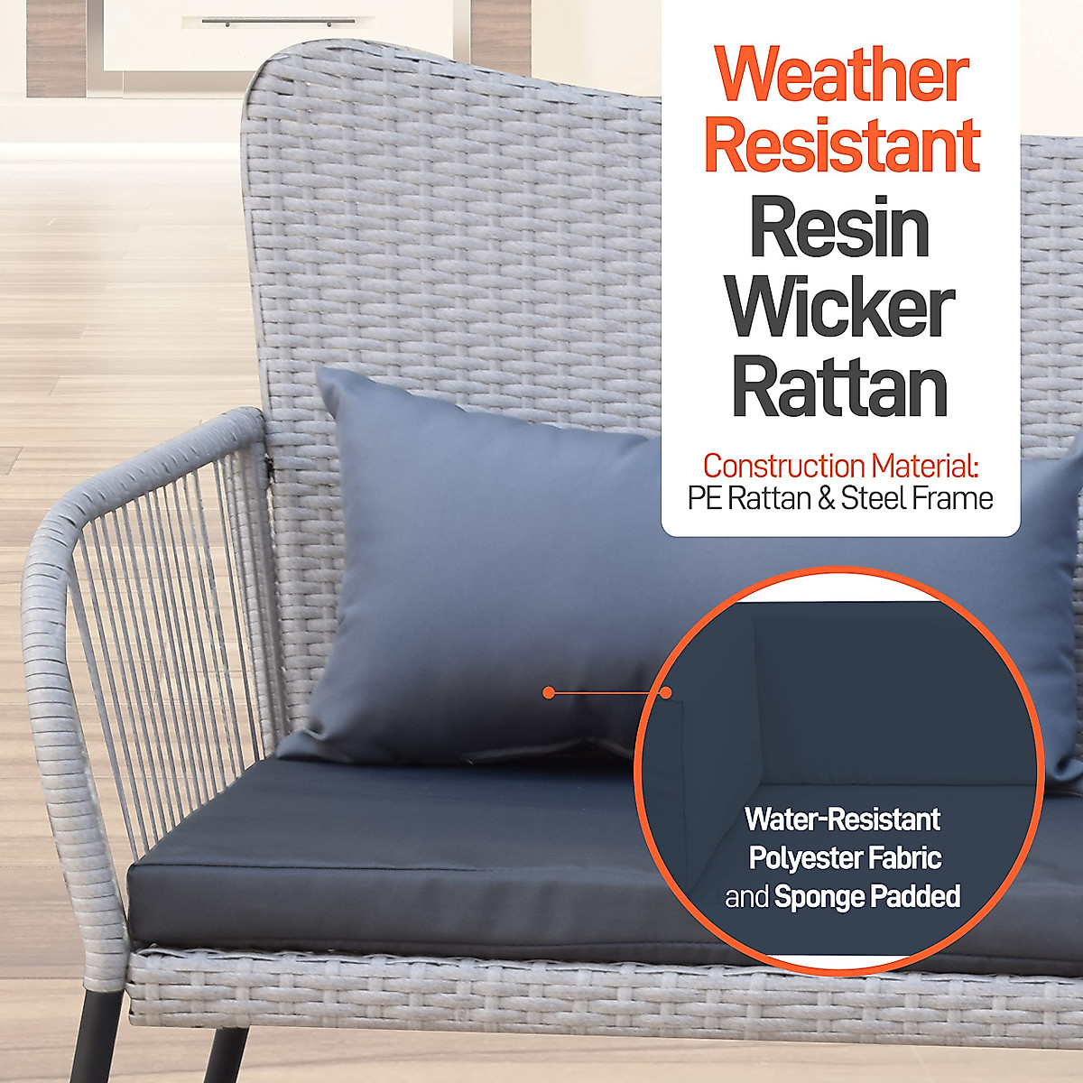 SereneLife SL4PCGR51.3 4 Pcs. Patio Outdoor Rattan Furniture Set-Includes 1 Double 2 Single Chairs with Soft Cushion, and 1 Glass-top Coffee Table Gray, Light Grey