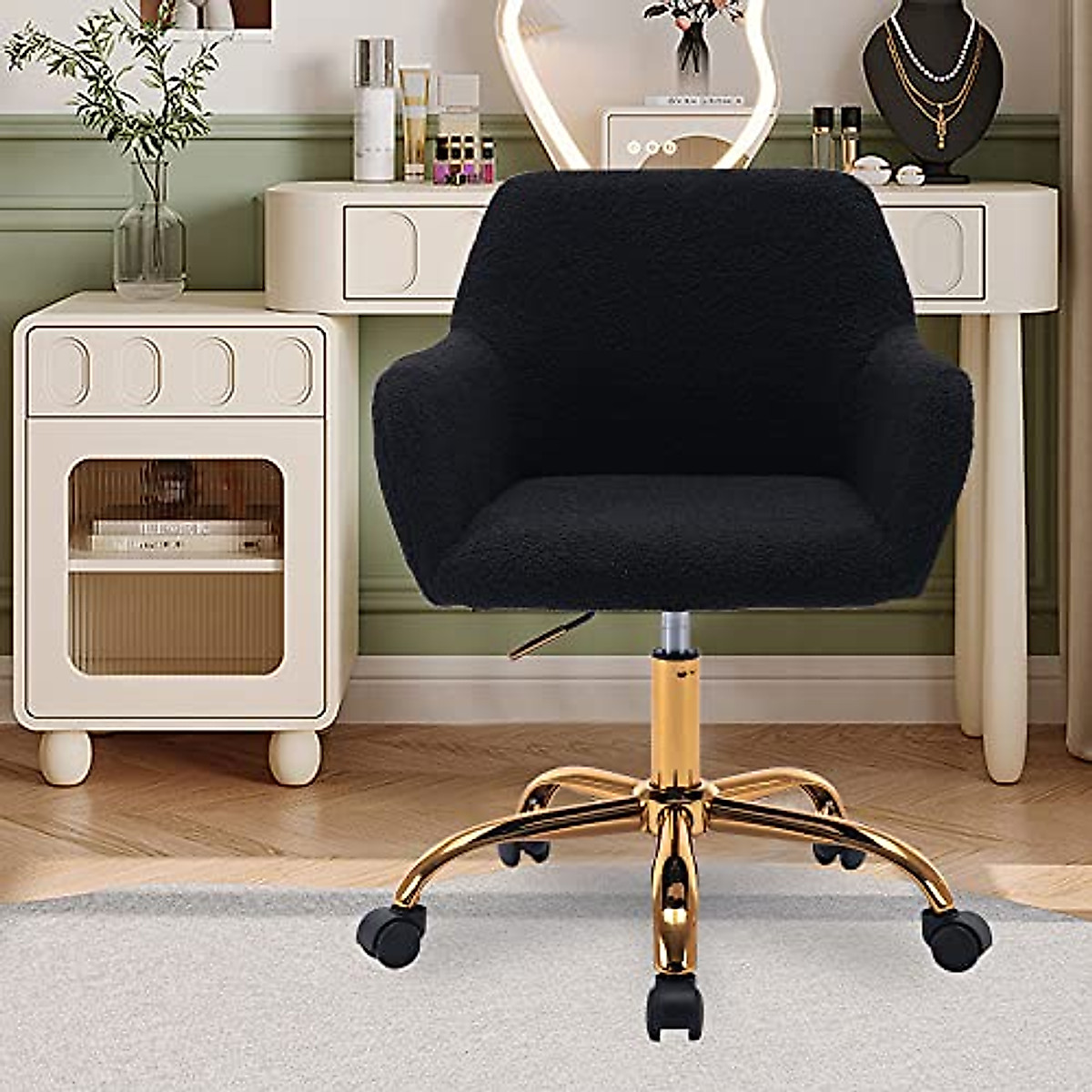 HomVent Furry Cute Office Chair, Teddy Swivel Desk Chair, Faux Fur Makeup Vanity Chair with Back, Black and Gold Desk Chair with Wheels, Upholstered Rolling Chair for Vanity Makeup Room Girls Women