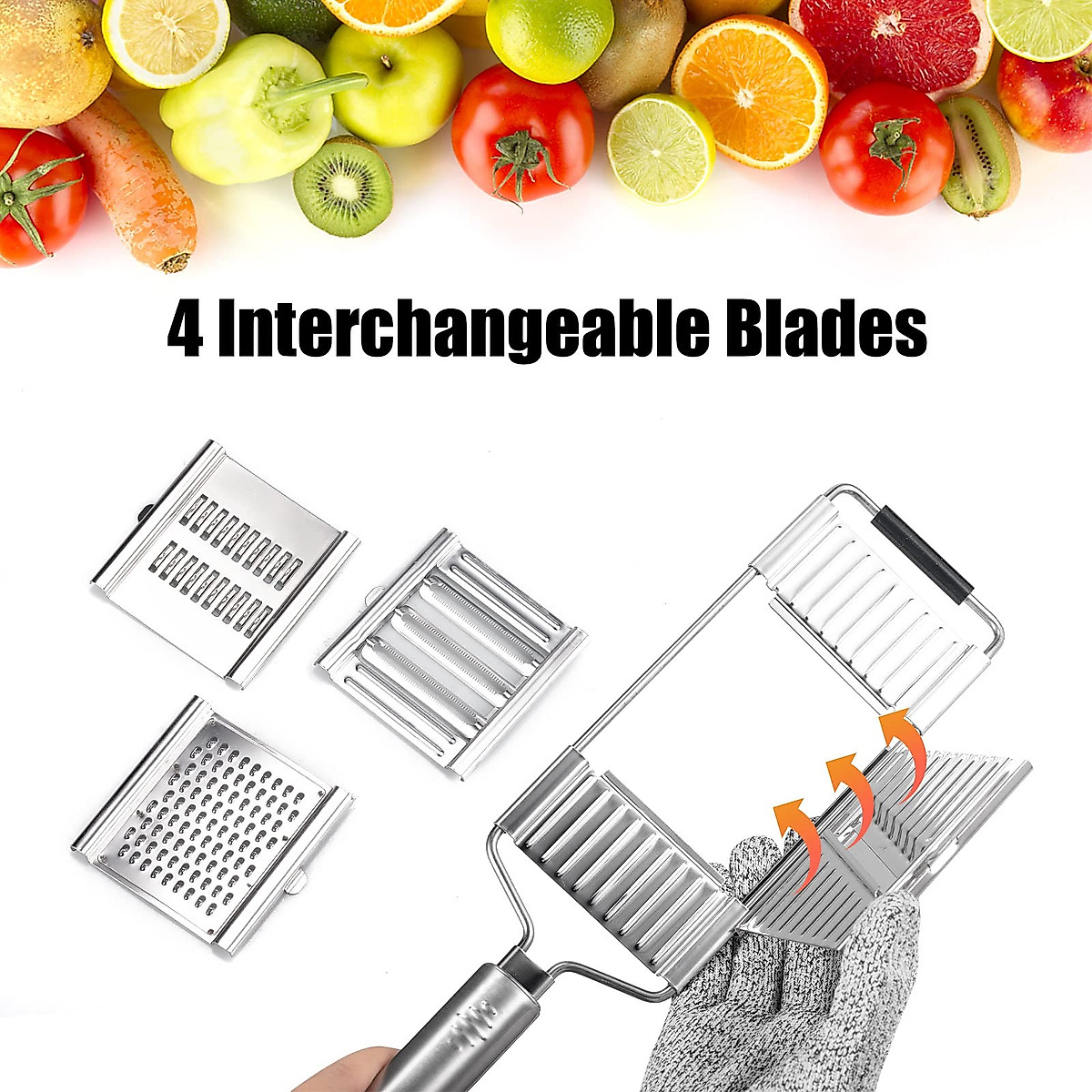 Paddsun 4 in 1 Multifunctional Grater Multi-Purpose Veggie Slicer Stainless Steel Cheese Grater Vegetable Chopper with 4 adjustable Blades for Parmesan Cheese, Vegetables, Ginger