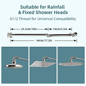 iFealClear Adjustable Shower Head Extension Arm, 16" Brass Shower Head Extender Lower Raise Rain & Fixed Showerhead to Your Height/Angle, G1/2 Shower Arm Extension with Lock Joint, Brushed Nickel