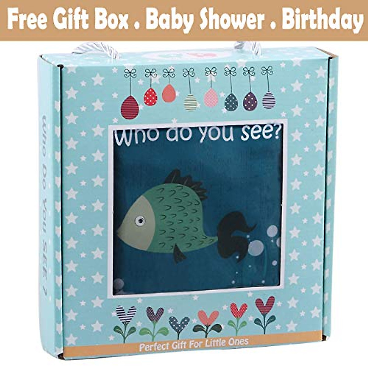 Soft Cloth Crinkle Books Touch Feel Baby Books 0-6 Months for Babies,Infants,Toddlers,Baby Boy Girl Toys 0-3 Months 6 to 12 Months 1-3 Years Old Shower Gifts Box, Sensory Toy Fish Octopus,Teether Ring