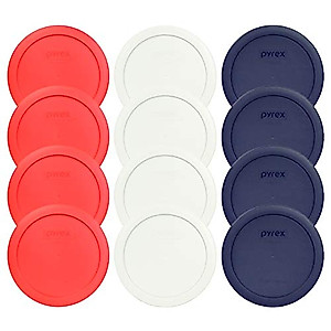 Pyrex 7201-PC 4 Cup (4) Red (4) White (4) Dark Blue Round Plastic Lids - 12 Pack Made in the USA