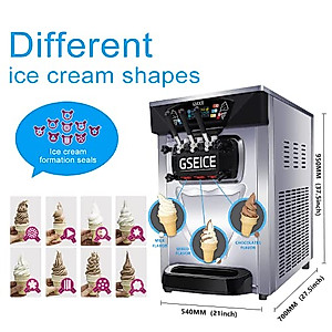 GSEICE 2500W Commercial Ice Cream Maker Machine, 6.8-8.4 Gal/H Soft Serve Machine with Precooling & Refrigeration at Night, FDA Approve LED Panel, 2+1 Flavors Soft Serve Ice Cream Maker with Two 6L Hoppers 2.0L Cylinders Puffing Shortage Alarm, 9 Magic He