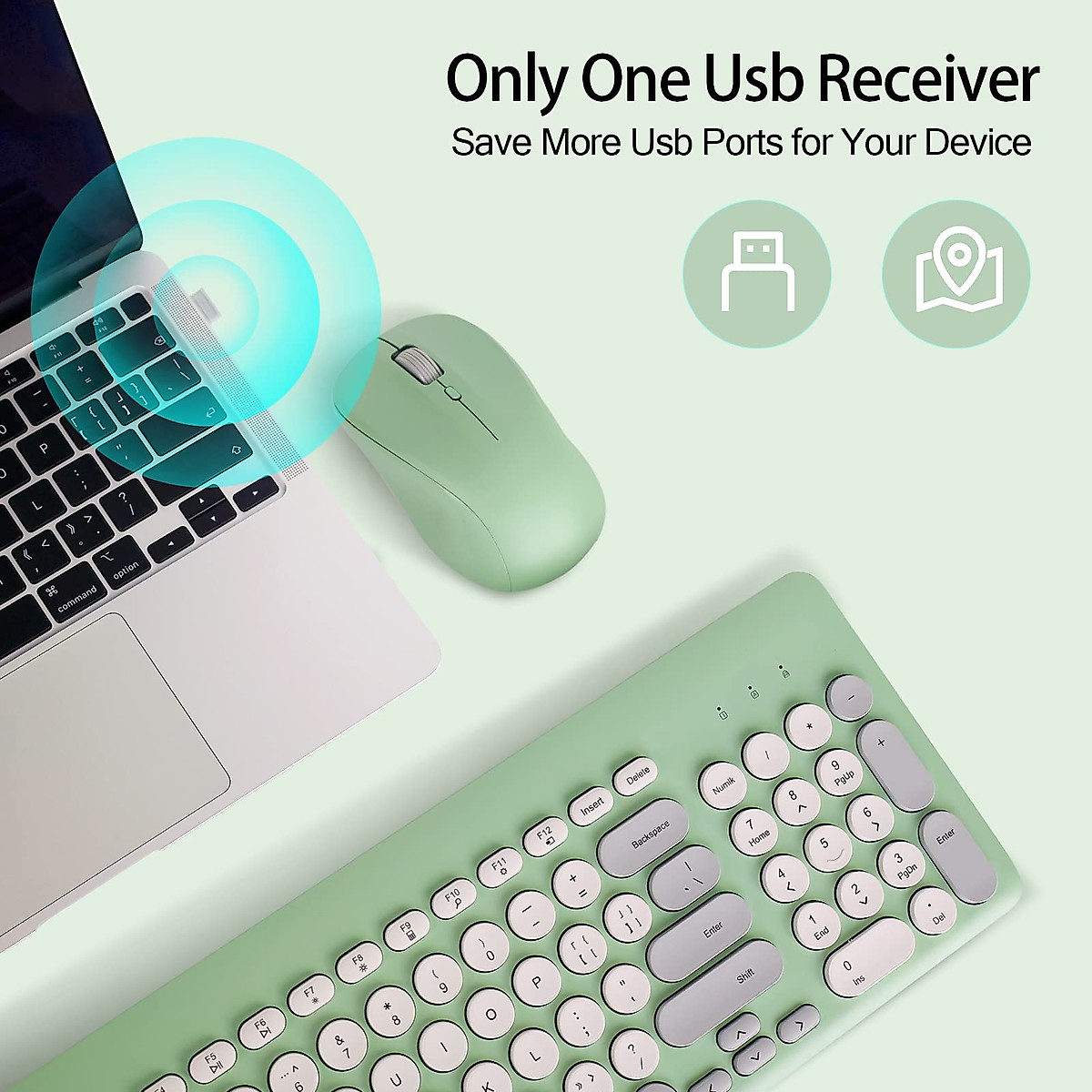 Arcwares Wireless Keyboard and Mouse Combo, Sweet Green Cute Keyboard, 2.4G USB Ergonomic Full-Sized Mute Keyboard for Computer, Laptop, PC Desktops, Mac