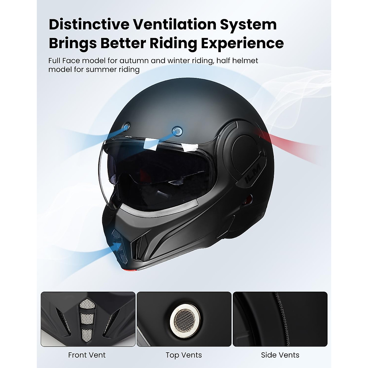 ILM Vintage Full Face Modular Motorcycle Helmet for Adults Men ATV UTV Snowmobile with 180° Reversible Chin Guard DOT Model-B707(Matte Black, L)