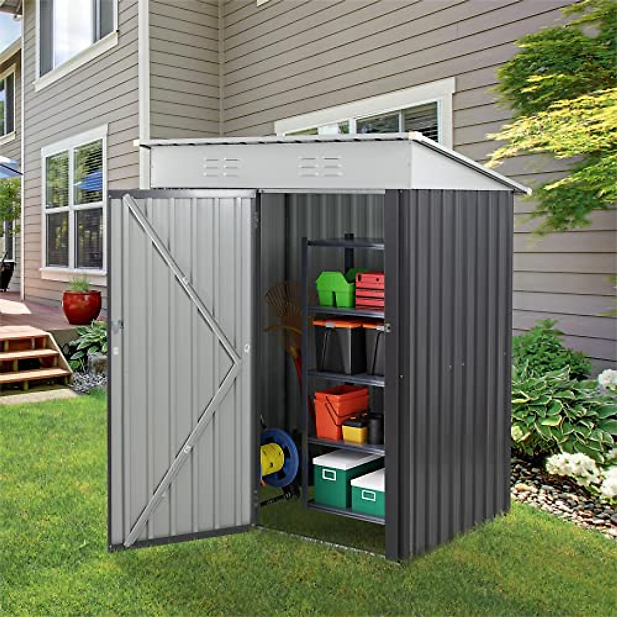 Vongrasig 5 x 3 x 6 FT Outdoor Storage Shed Clearance with Lockable Door Metal Garden Shed Steel Anti-Corrosion Storage House Waterproof Tool Shed for Backyard Patio, Lawn and Garden (Dark Gray)