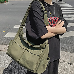 PRAGARI Canvas Messenger Bag Crossbody for Women Green Shoulder Aesthetic Laptop Tote Bag Hobo Large Cute School Travel Vintage Multiple Pockets