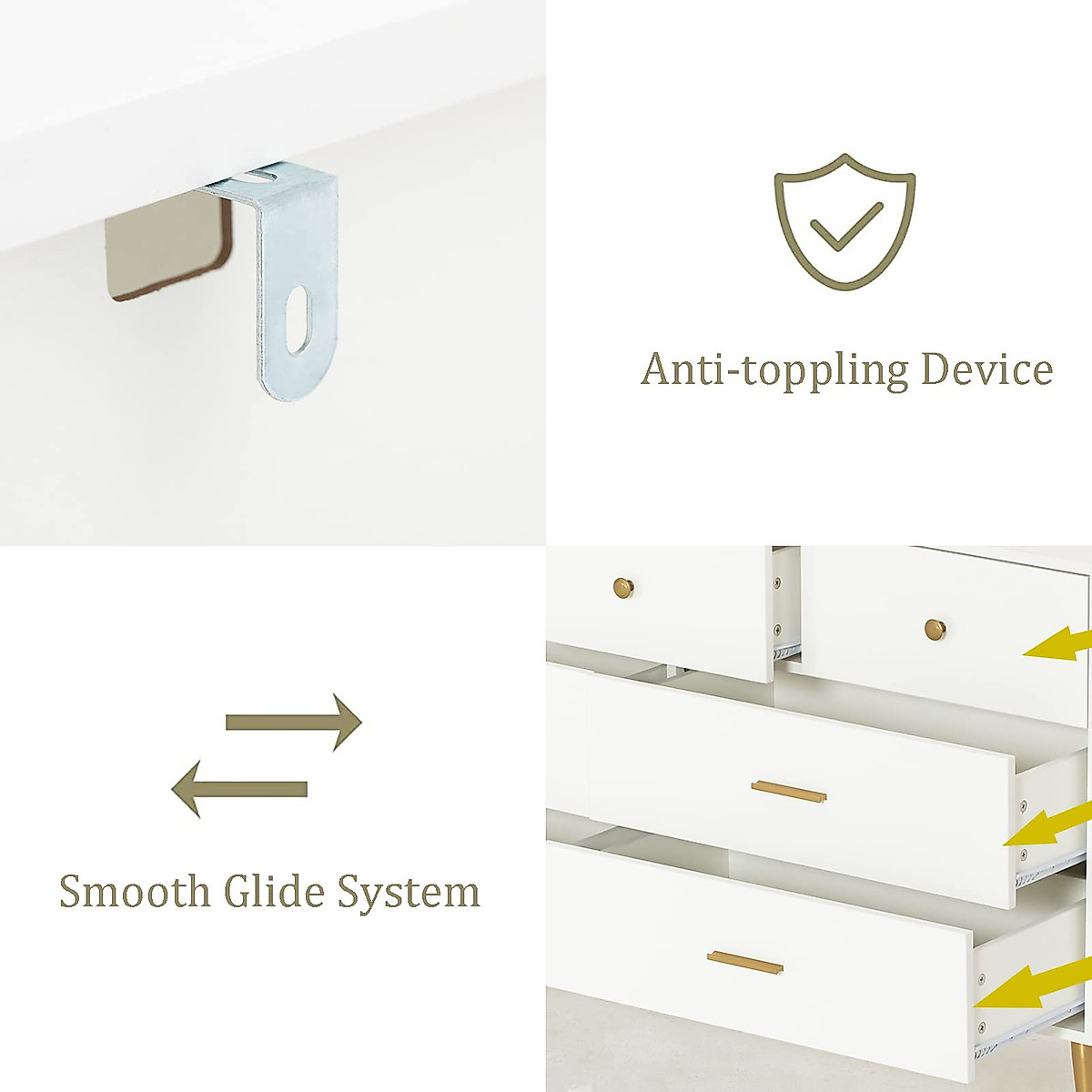 SOSPIRO 7 Drawer Dresser for Bedroom, Modern White Gold Dresser with Wide Drawers and Power Outlets, Long Chest of Drawers for Living Room Hallway Entryway, White