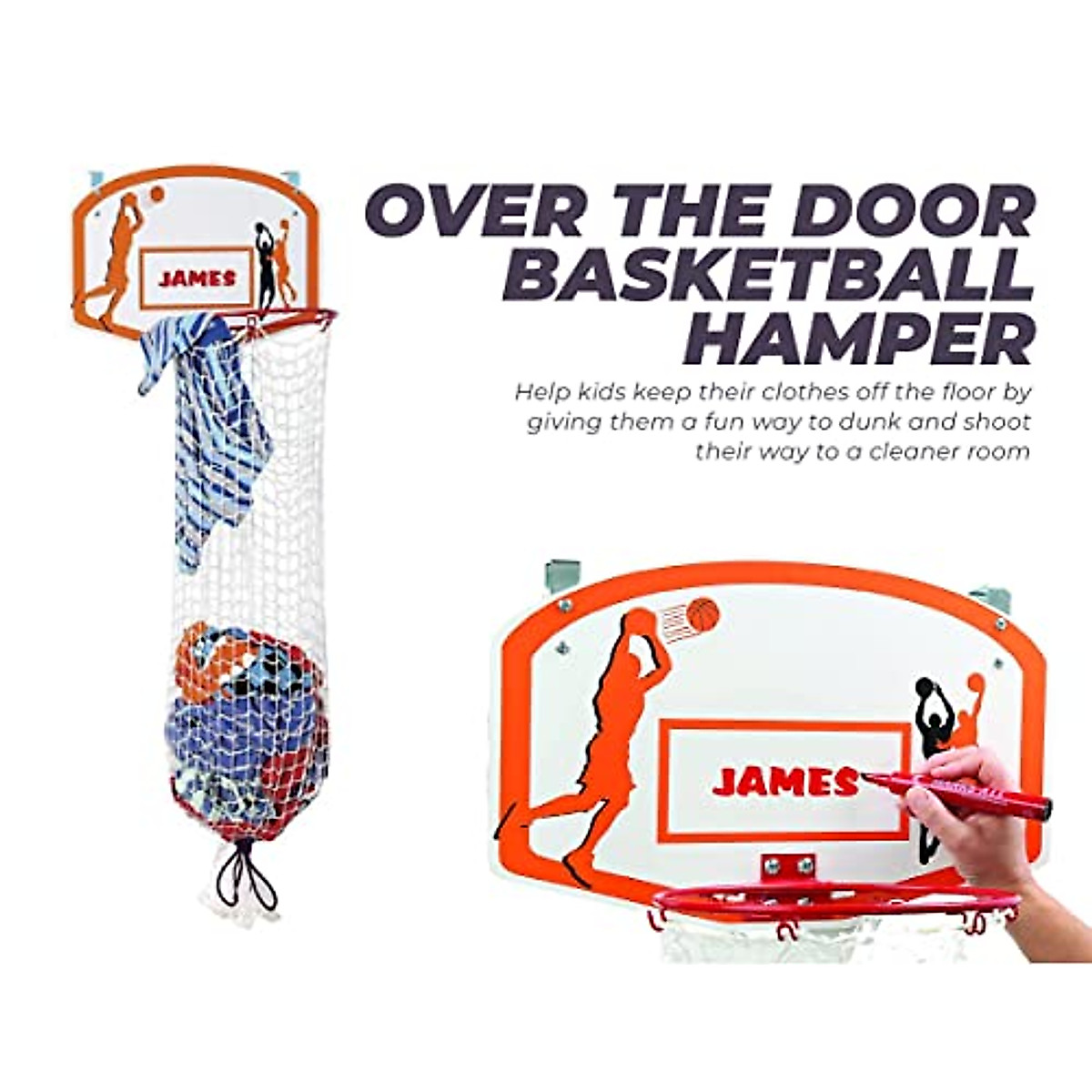 Etna Over the Door Basketball Laundry Hamper -Space Saving Hanging Laundry Hamper with Metal Ring, Backboard, Drawstring Bag-Fun Laundry Hamper to use in Kids Room, Dorm Rooms, Dunk Away Dirty Laundry
