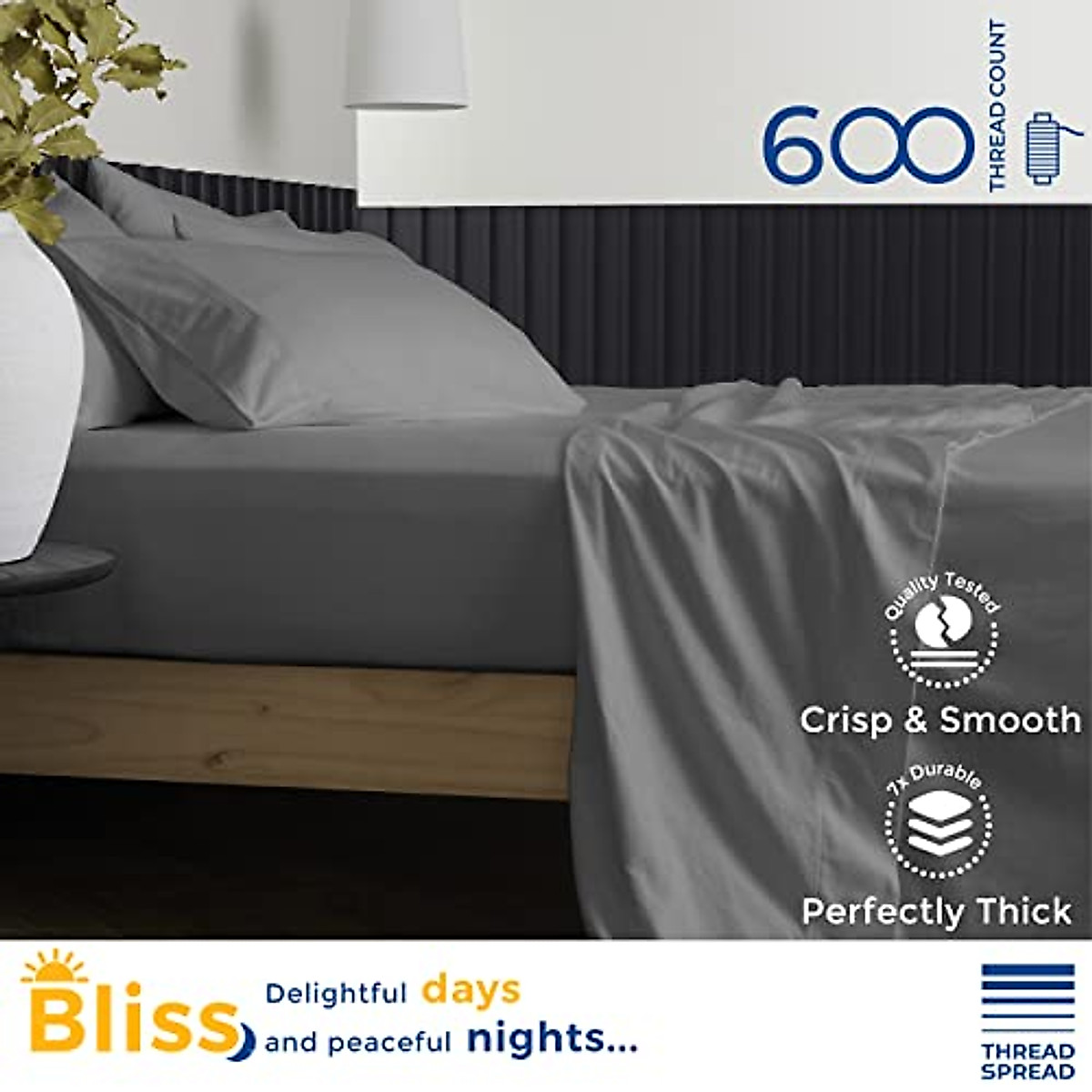 THREAD SPREAD Luxury Egyptian Cotton Sheets King Size - 600 Thread Count Sheets King 4 PC Luxury Sheets King Size, 16" Deep Pocket, Soft, Cooling Sateen Weave Hotel Luxury Bed Sheets Set - Dark Grey