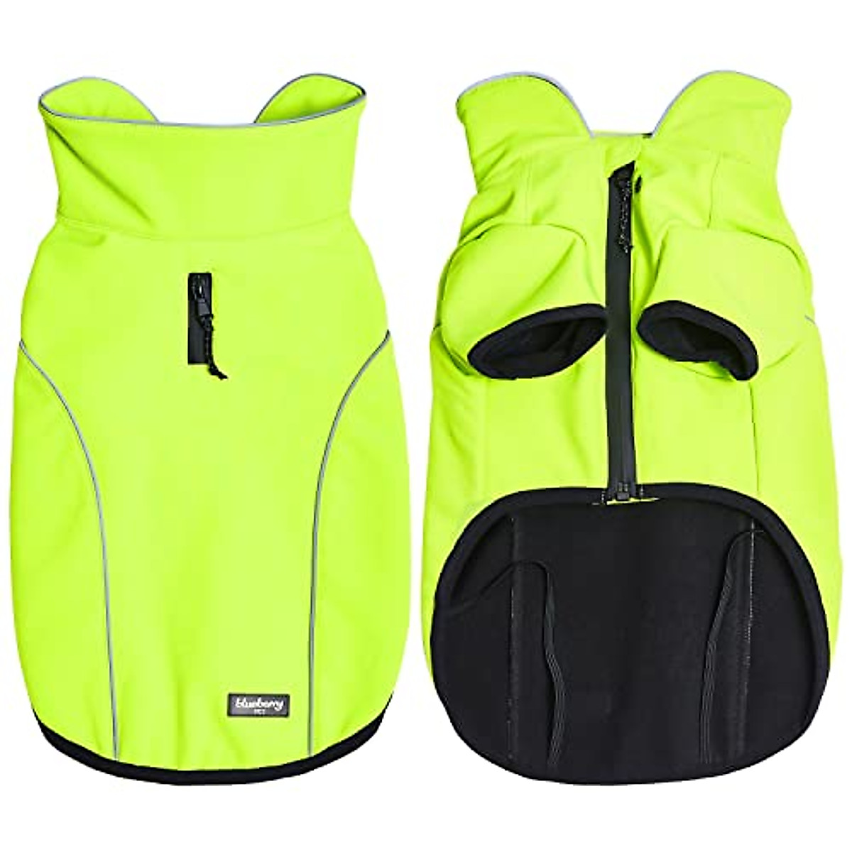 Blueberry Pet Windproof Waterproof Reflective Softshell Dog Jacket, Neon Yellow, Back Length 12.5", Size 10, Warm & Lightweight Winter Outdoor Windbreaker Coats Raincoats for Dogs
