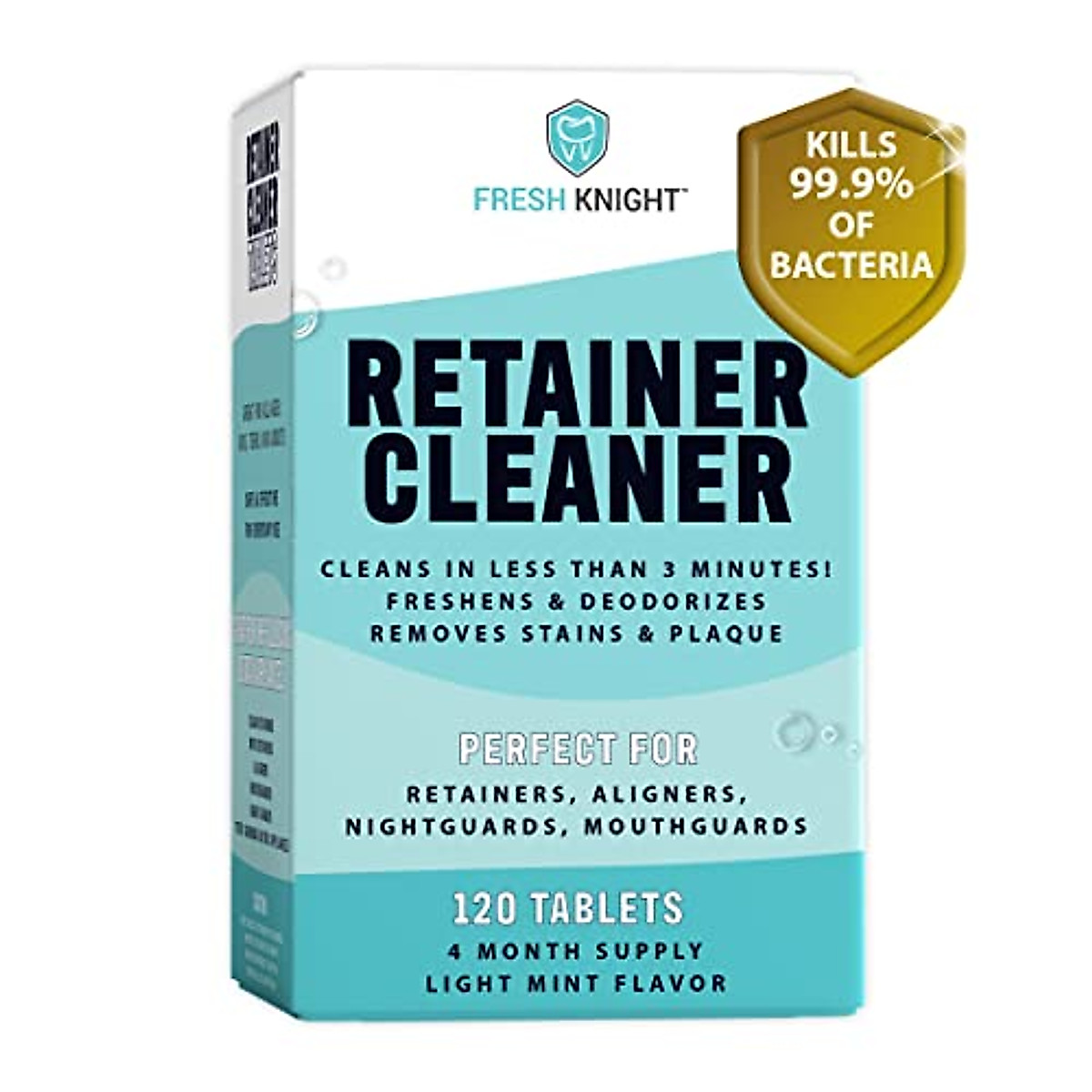 Retainer Cleaner, Denture Cleaner (120 Tablets) Removes Cloudiness, Brightens and Freshens Clear Aligners, Retainers, Night Guards, Mouth Guards, Dental Appliances, Fresh Knight