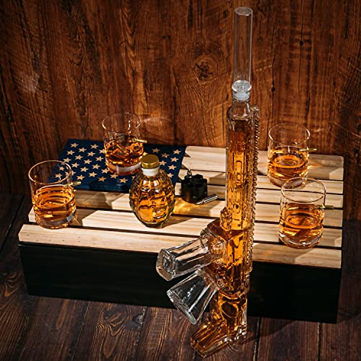 AR15 Whiskey Gun Decanter Flag Set - 1000ml Set - American Flag Gift Box & Bullet Glasses, Chillers, Guns Decanters Drinking Party Accessories, Great Gift For Army, Marines, Veterans & Gun Enthusiasts