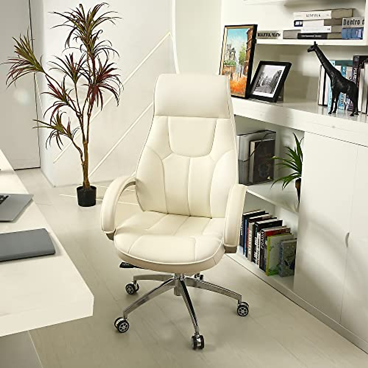 HUAUR High-Back Ergonomic Executive Chair-PU Leather Desk Chair,with Breathable Cushion and Lumbar Support,Wide Armrest and Aluminum Alloy Foot,360lb Capacity Swivel Home Office Chair (Beige)
