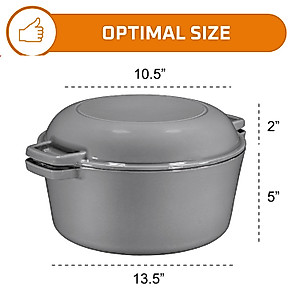 Bruntmor 2-in-1 Enamel Cast Iron Dutch Oven With Handles - Crock Pot Grey Cast Iron pot with Skillet lid - All-in-One Cookware Braising Pan for Casserole Dish - 5 Quart, Grey