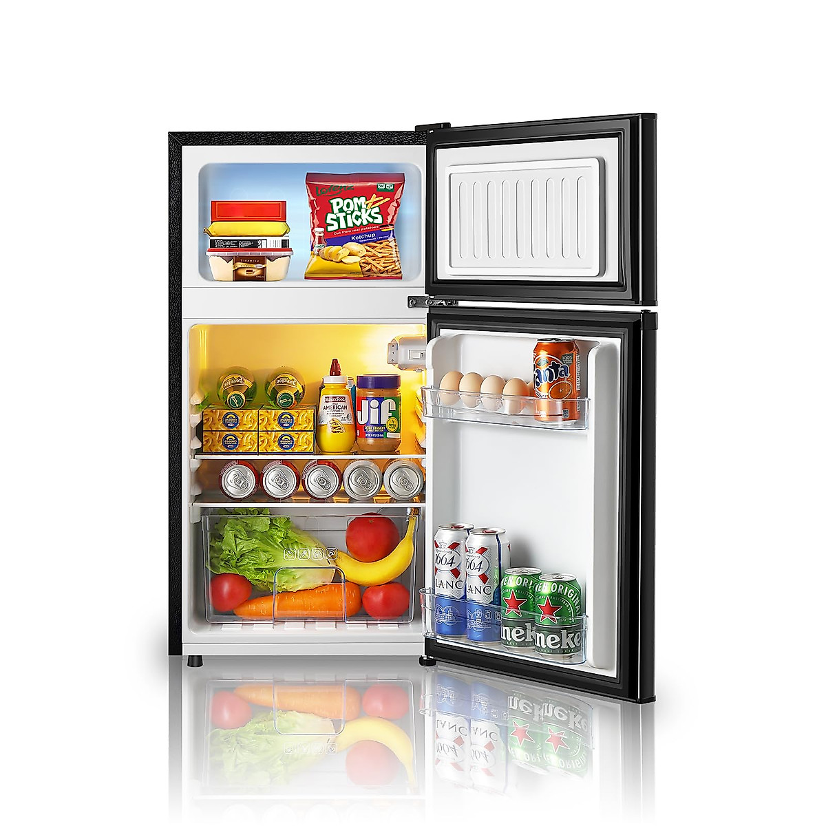 Saeoola Mini Fridge with Freezer, 3.2 Cu.Ft, 2 Doors Compact Mini Refrigerator with Separate Freezer for Dorm, Bedroom, Office, Apartment with 7-Level Temperature Control, Removable Shelves (Black)