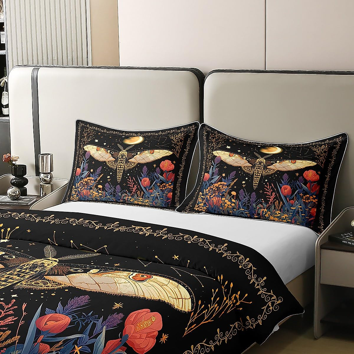 Feelyou Boho Golden Butterfly Duvet Cover 100% Cotton Bohemian Moth Bedding Set for Moon Galaxy On Black Comforter Cover Flower Weed Botanical Bedroom Collection 3Pcs King(No Comforter)