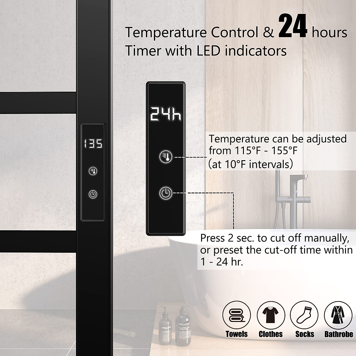 Sharpeye Towel Warmer with 24hr Timer, Matte Black Heated Towel Rack for Bathroom, Plug-in/Hardwired, Wall Mounted Electric Towel Drying Rack, with Temperature Control