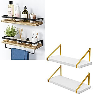 AMADA HOMEFURNISHING Rustic Floating Shelves Wall Mounted Bundled with White Floating Shelves with Gold Brackets