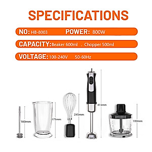 ZJRC Immersion Hand Blender, 1000w,12 Speed &Turbo Mode, 5-in-1 Copper Motor Immersion Blender,Stainless Steel Handhled Blender with 500ml Chopper,600ml Mixing Beaker,Milk Frother,Whisk (black)