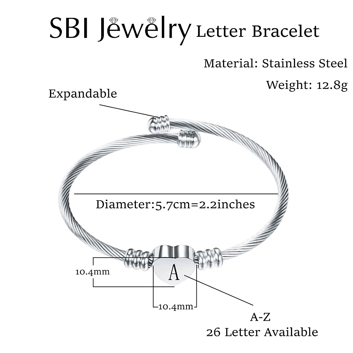 SBI Jewelry Initial Heart Letter Love Bracelet for Women Friendship Silver C Cuff Bracelets for Best Friend Mom Birthday Bangle Gift