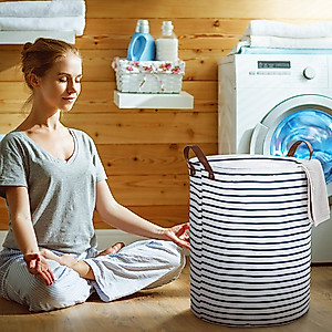 FRIENDIY Large Laundry Hamper, Removable Laundry Basket, foldable fabric laundry basket, drawstring waterproof round cotton linen storage basket. (Blue Strips, 17.7"/Medium)