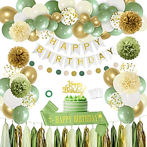 Sage Green Birthday Party Decorations with Birthday Banner,Tissue Tassels Paper Pompoms,Balloons,Birthday Sash,Cake Topper Birthday Decorations for Women Adults