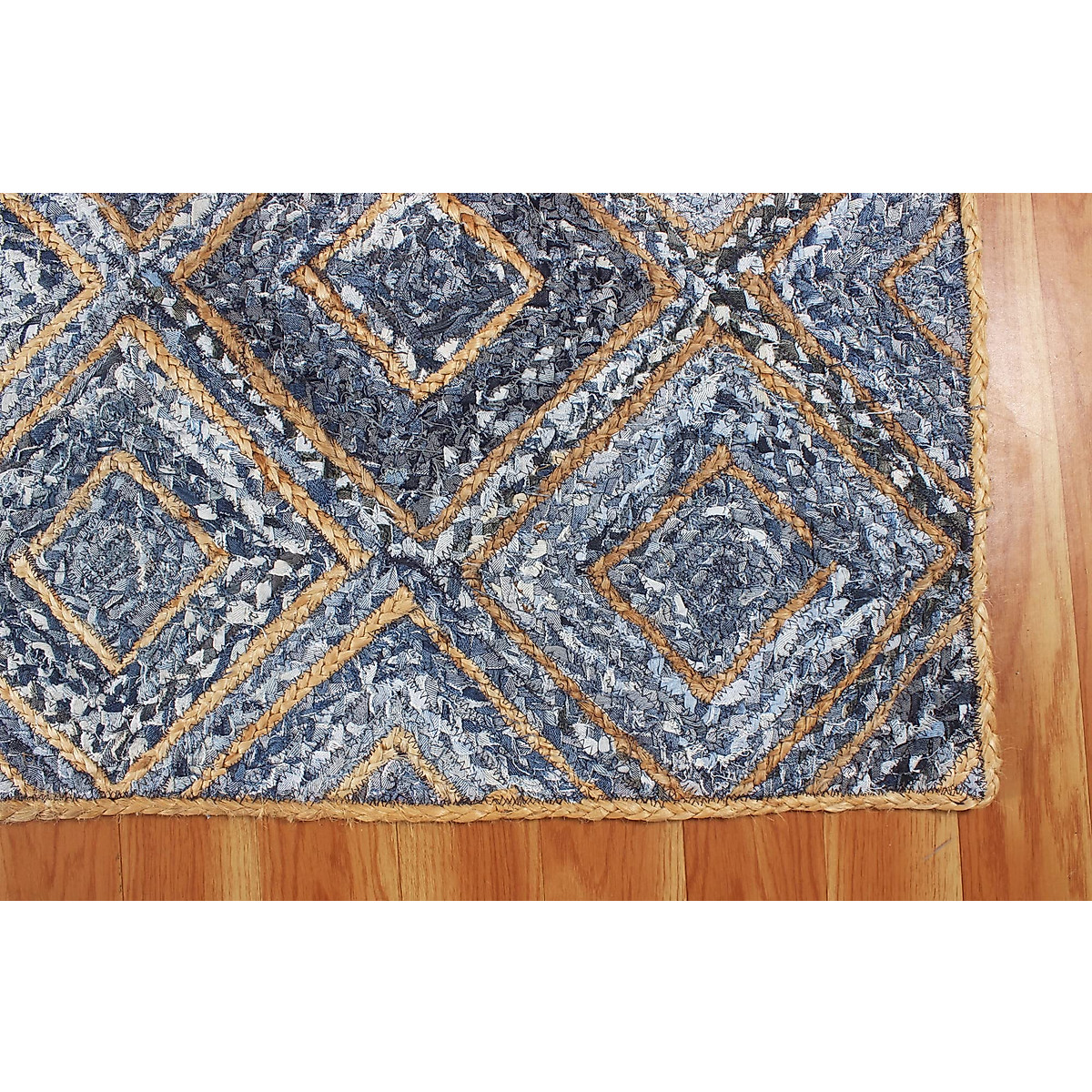CASAVANI Indian Hand Braided Rag Rug Geometric Blue & Beige Cotton Chindi & Jute Rug Best Uses for Living Room,Hallway Runner Rug,Stair Runner Rug & Kitchen 2.6x8 2.6x10 8x11 Feet