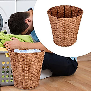 Cabilock Wicker Waste Basket Woven Trash Can Round Decorative Garbage Waste Bin Plastic Dirty Clothes Basket Storage Basket for Bedroom Bathroom Kitchen Home Office Light Brown