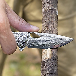 SPIRIT DEED outdoor folding pocket knives with sheath,handmade japanese vg10 damascus steel,rosewood handle,pocket clip for carving camping paring